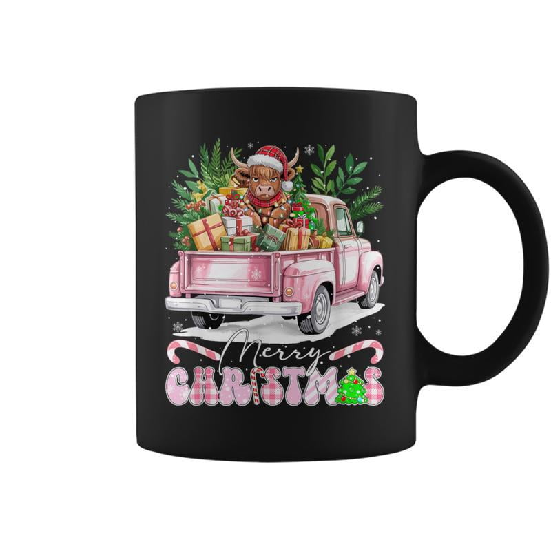 Merry Christmas Santa Highland Cow On Pickup Truck Farmer Coffee Mugs ...