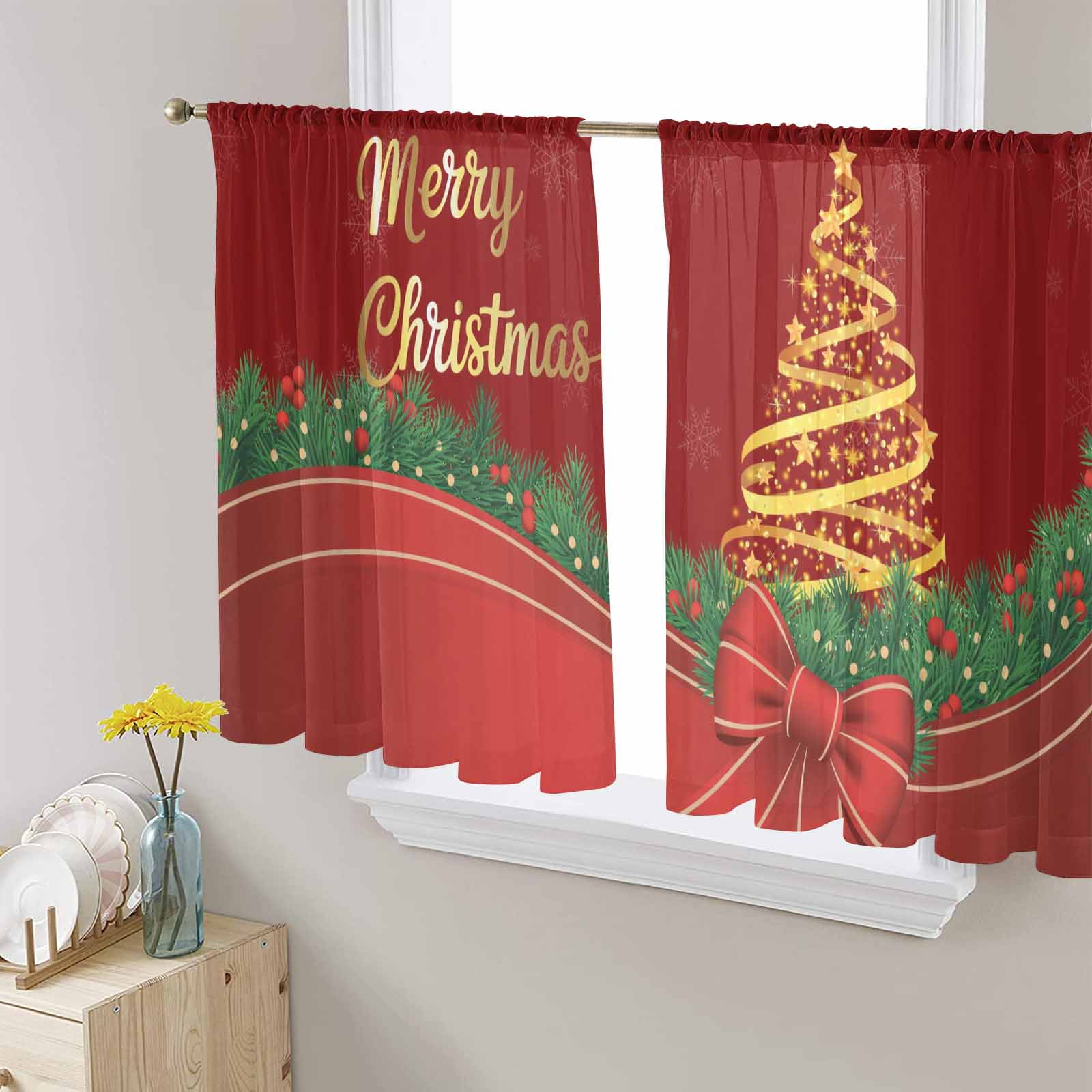 Merry Christmas Sheer Curtains 45 Inch Length 2 Panels Set, Semi ...