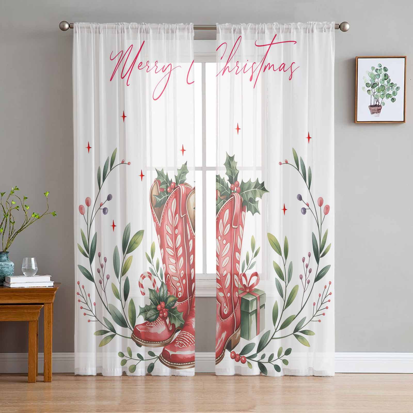 Merry Christmas Sheer Curtains 63 Inches Long, Winter Red Boots Stars ...