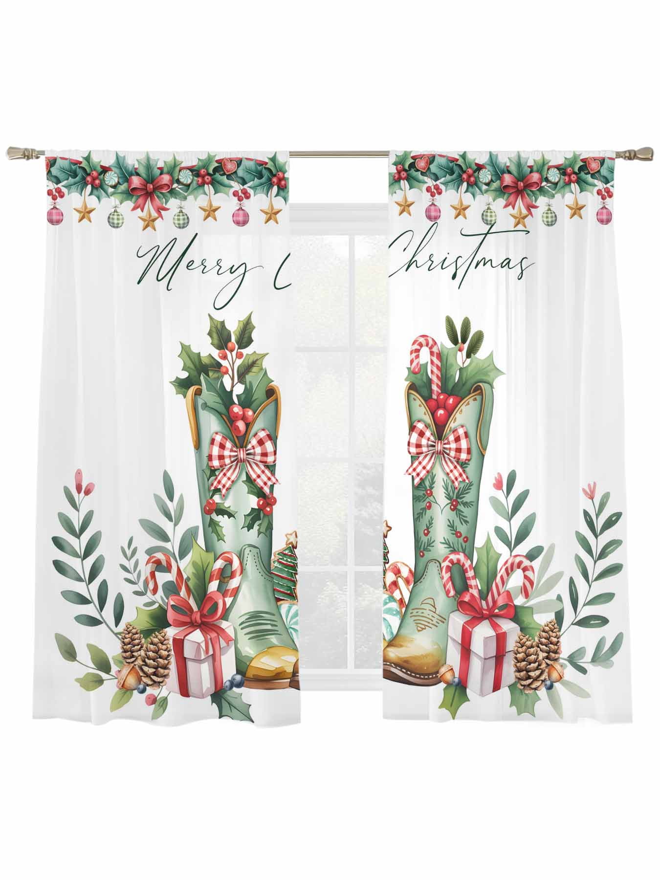 Merry Christmas Sheer Curtains 72 inches Long, Western Green Boots Pine ...