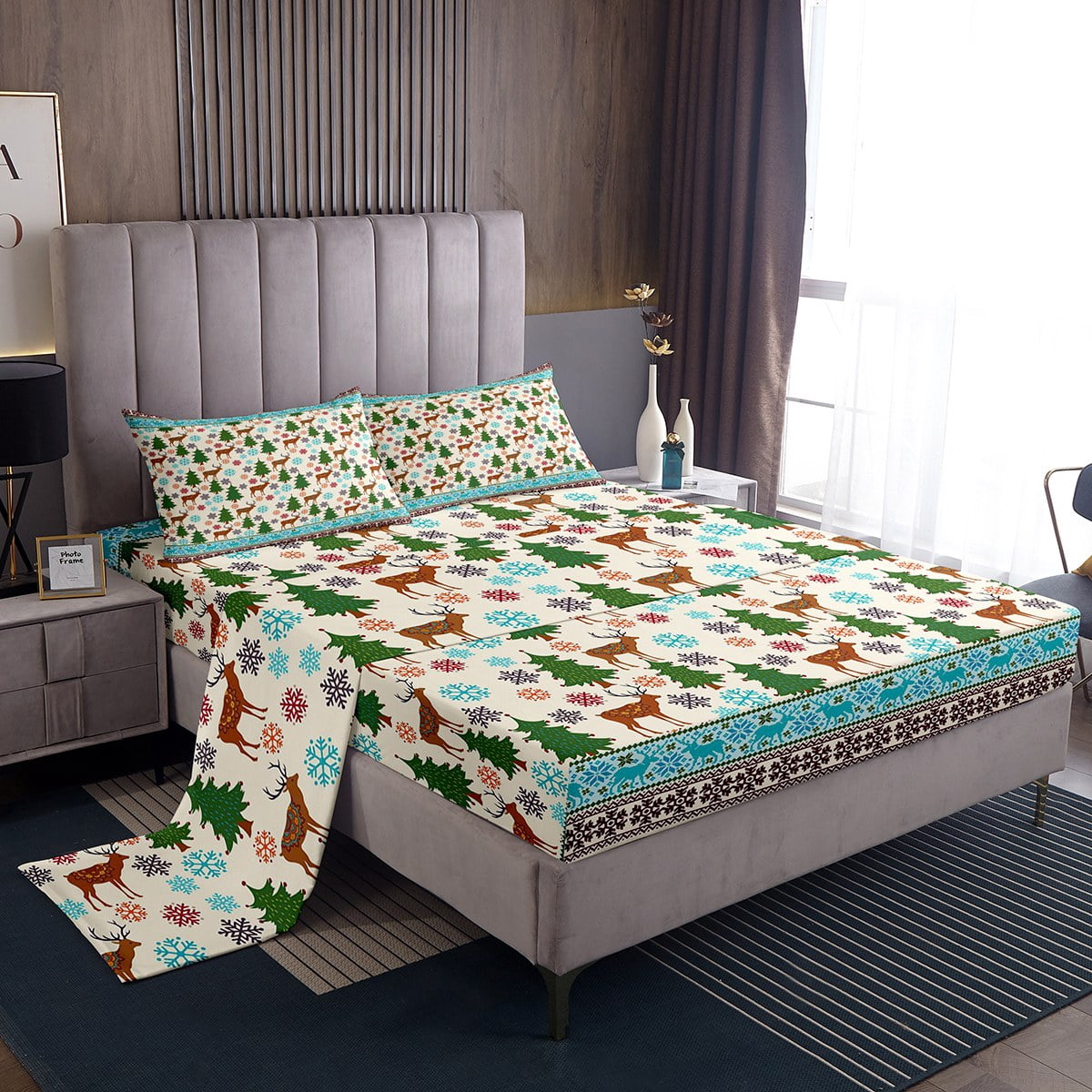 Merry Christmas Sheet Set Elk Deer Sheets Xmas Snowflake Christmas Tree ...