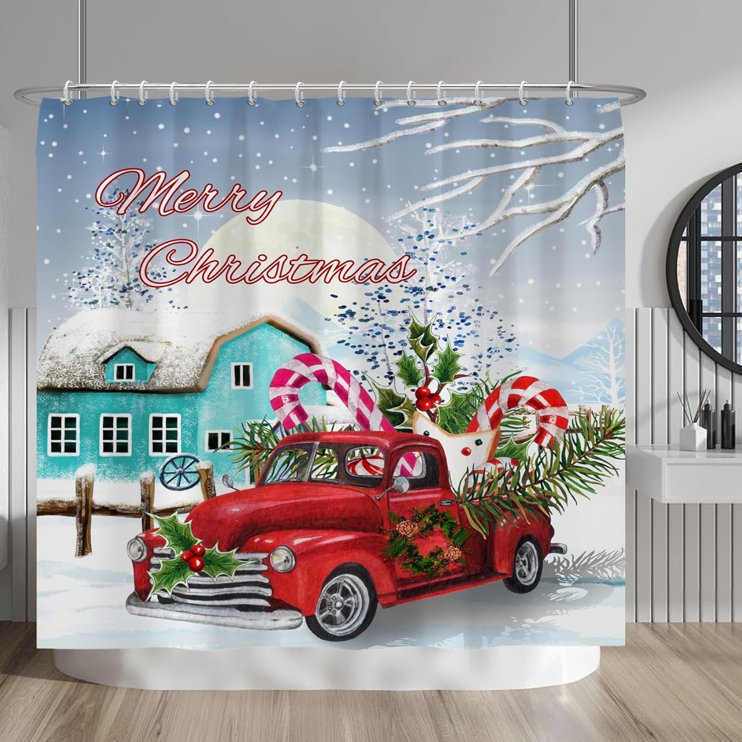 Merry Christmas Shower Curtains Set Red Truck Candy Cane Vintage ...