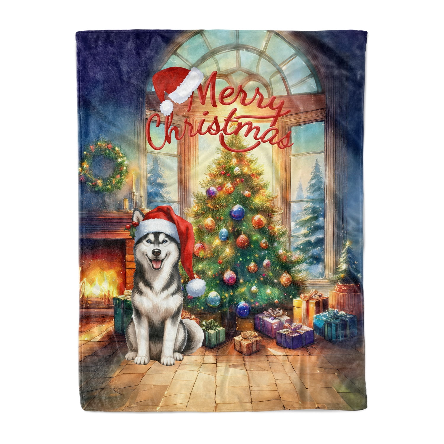 Merry Christmas Siberian Husky Santa Hat Xmas Tree Winter Holiday Cozy ...