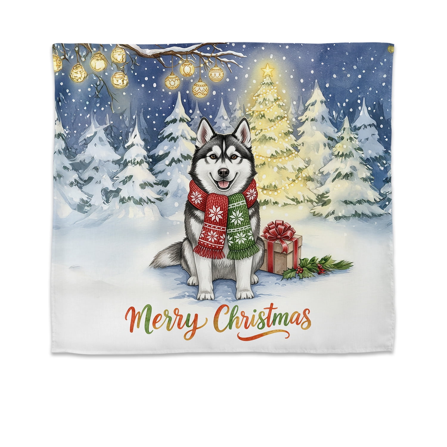 Merry Christmas Siberian Husky Snowy Winter with Gifts Tree Decorations ...