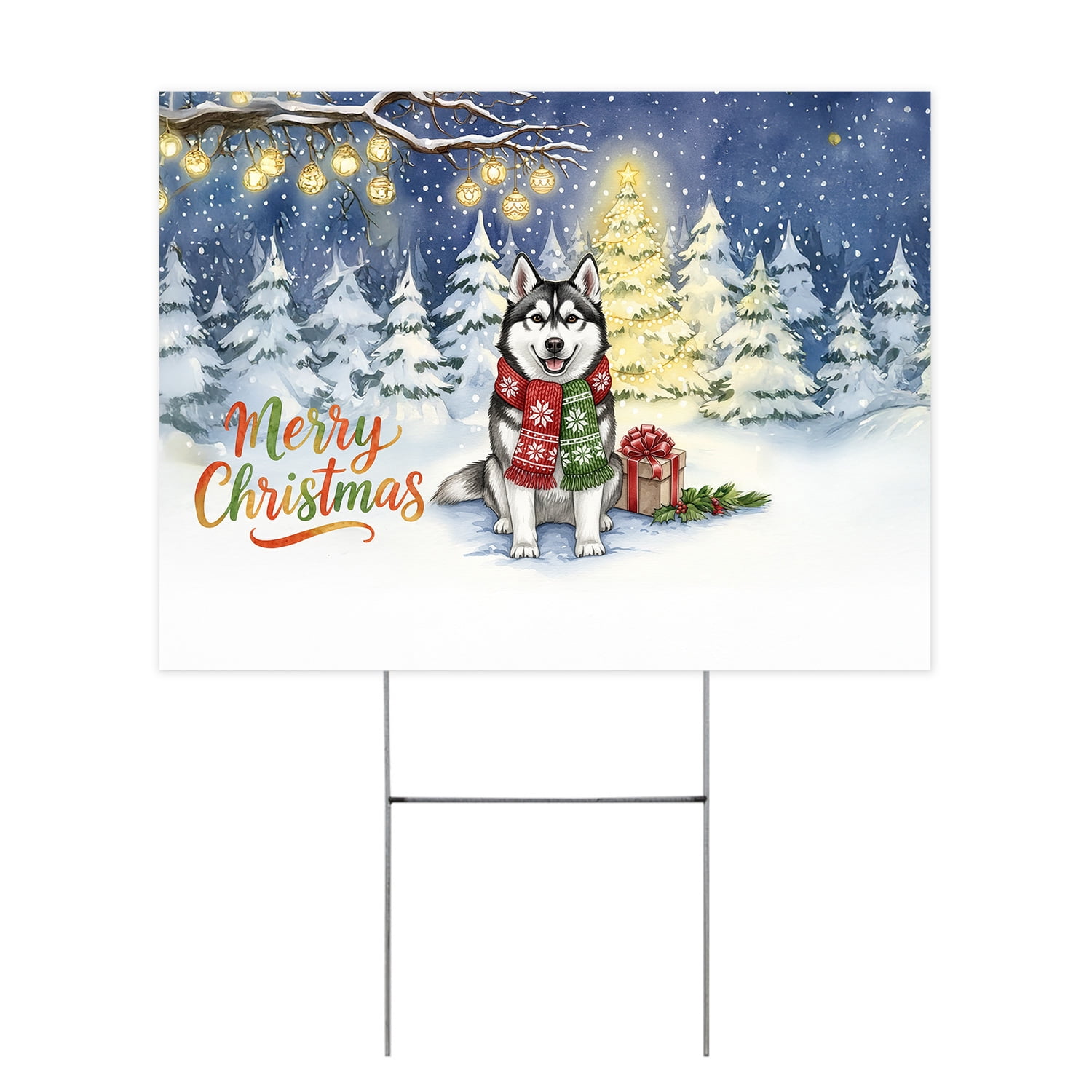Merry Christmas Siberian Husky Snowy Winter with Gifts Tree Decorations ...