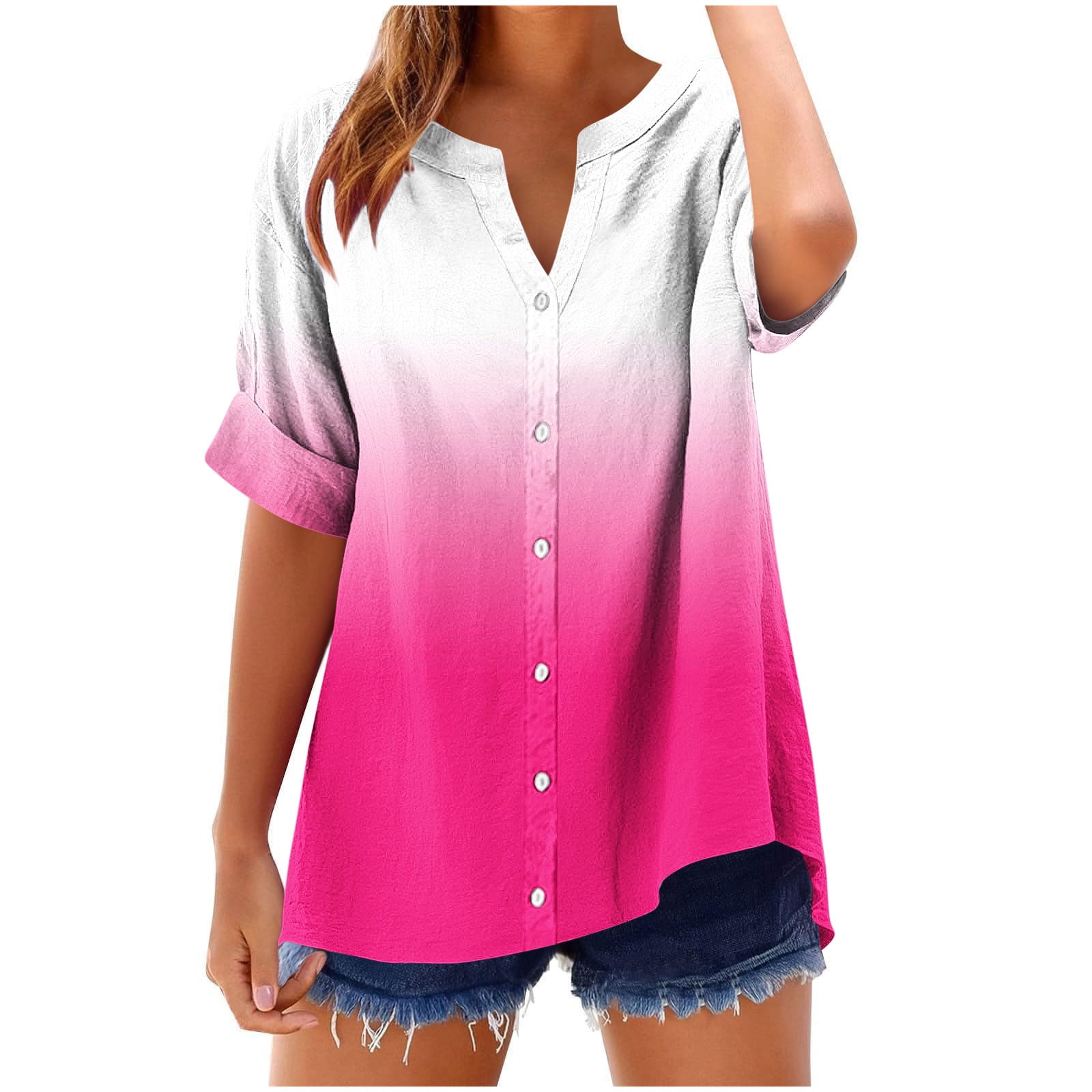 Womens Ombre Summer Shirts Gradient Color Short Sleeve Vacation Tunic ...
