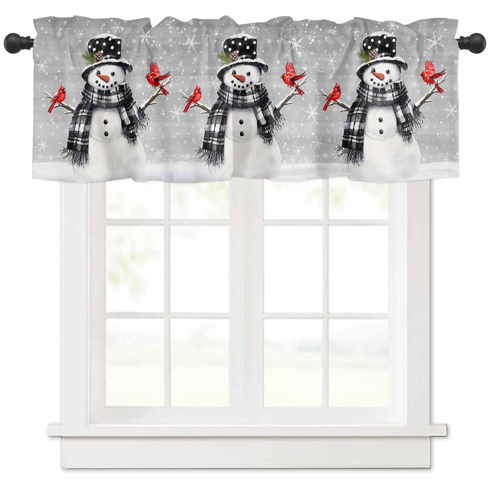 Merry Christmas Snowman Cardinal on Grey Window Valances for Kitchen ...