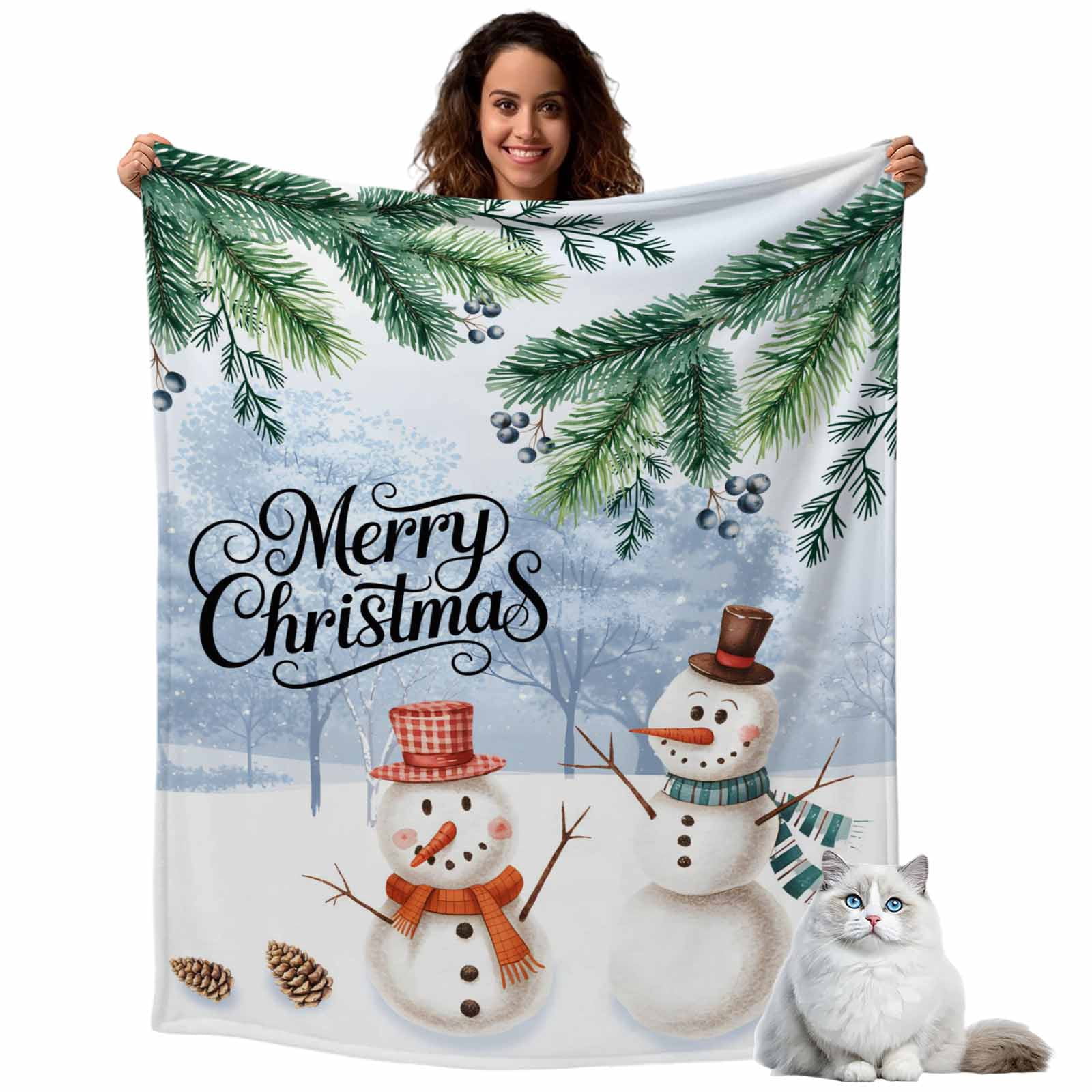 Merry Christmas Snowman Fleece Throw Blanket Lightweight Pine Cone ...