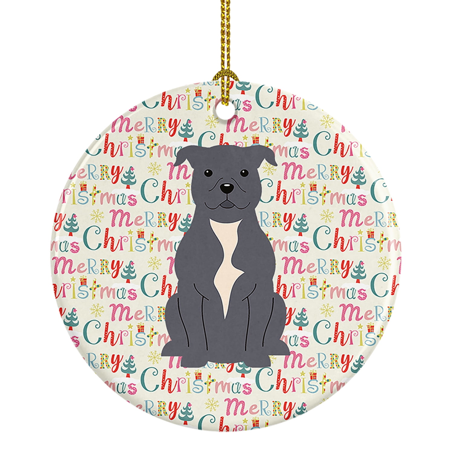 Merry Christmas Staffordshire Bull Terrier Blue Ceramic Ornament 2.8 in ...