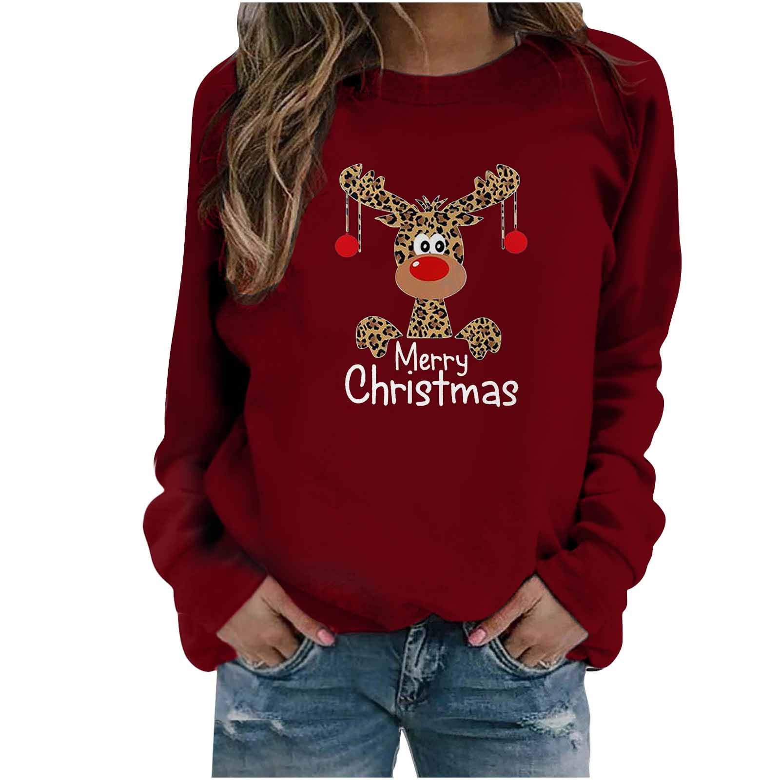 Merry Christmas Sweatshirt for Women Elk Leopard Graphic Tops Long ...