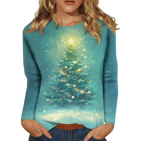 Merry Christmas T-Shirts Women Novelty Trendy Xmas Tree Printed Long ...