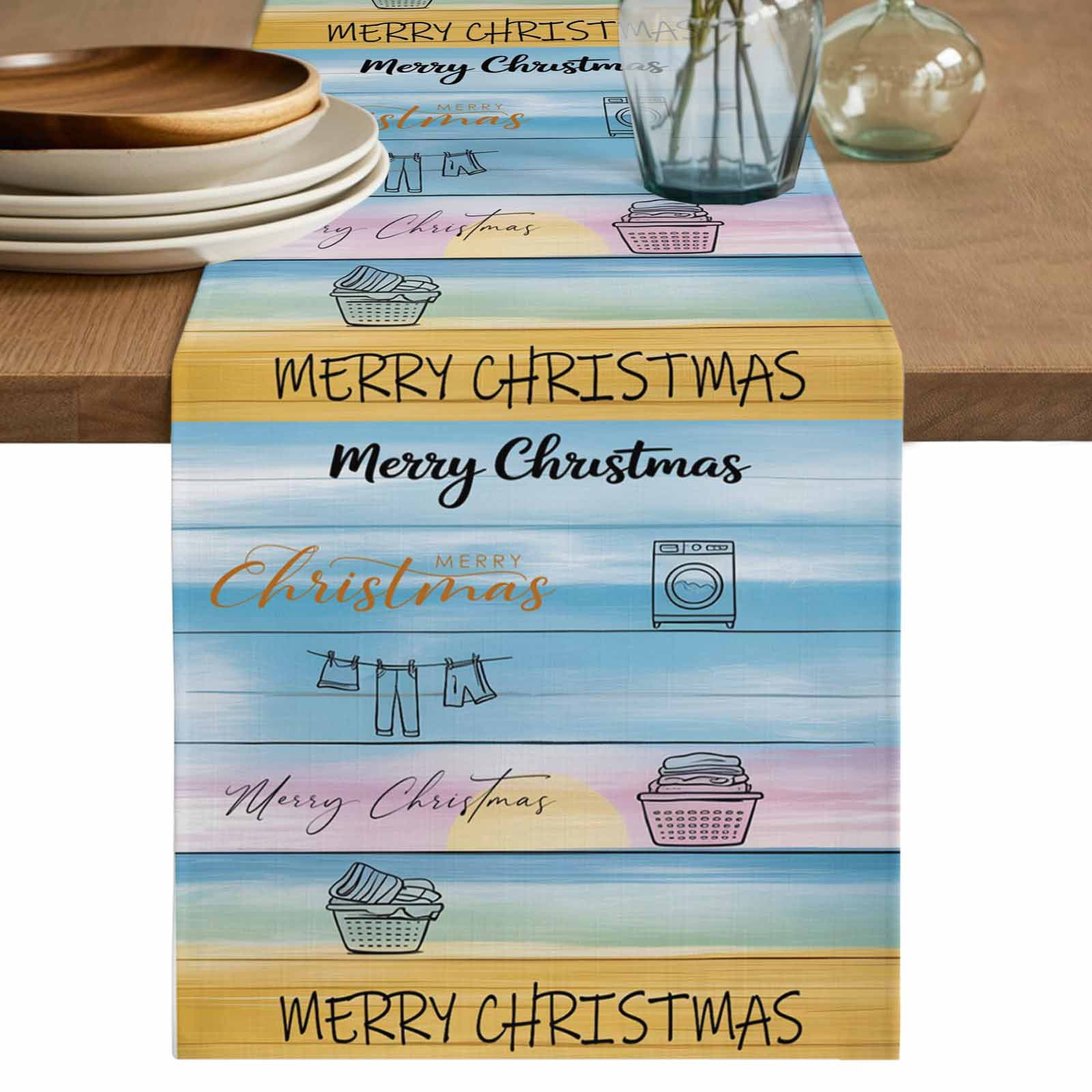 Merry Christmas Table Runner 72 Inches, Blue Wood Clothes Laundry Room ...