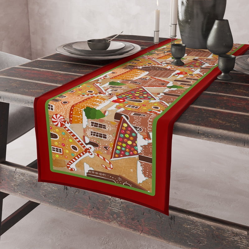 Merry Christmas Table Runner Three Gingerbread Houses Red Tablecloth ...