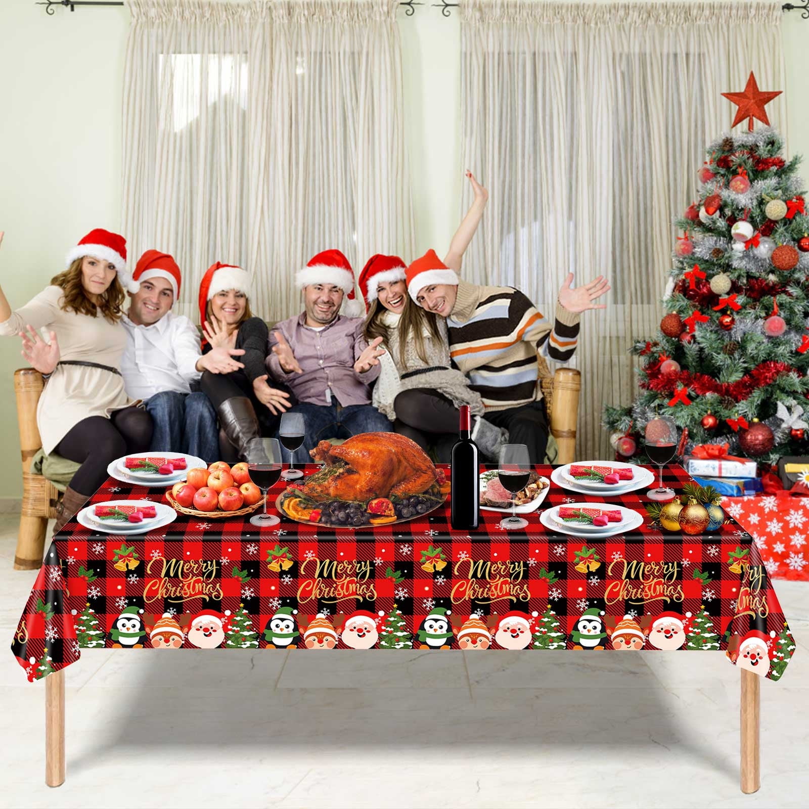 Merry Christmas Tablecloth Plastic Christmas Tree Ball Table Cover ...
