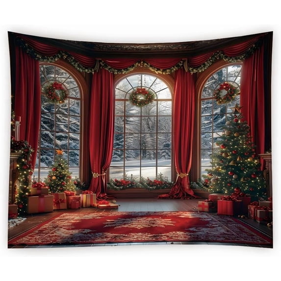 Merry Christmas Tapestry Winter Snow Pine Forest Wreath Xmas Tree ...