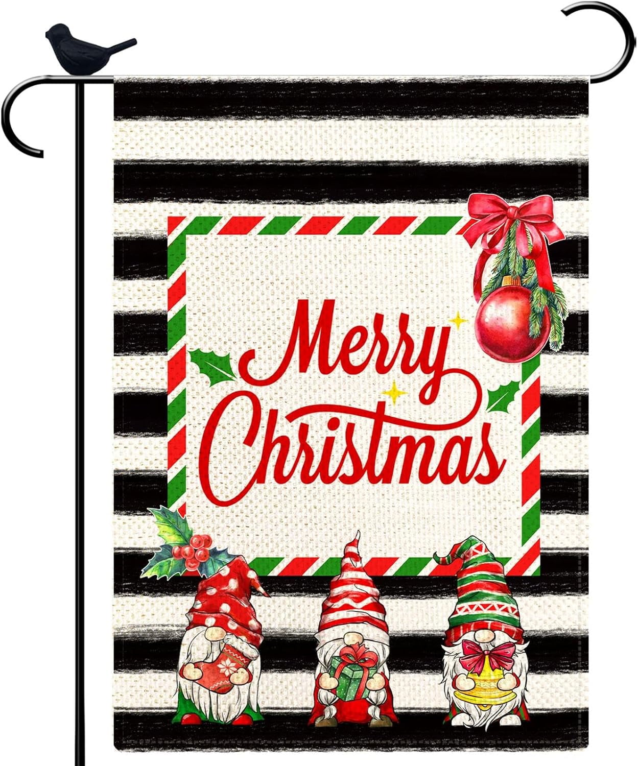 Merry Christmas Three Gnomes Watercolor Stripes Garden Flag Burlap ...