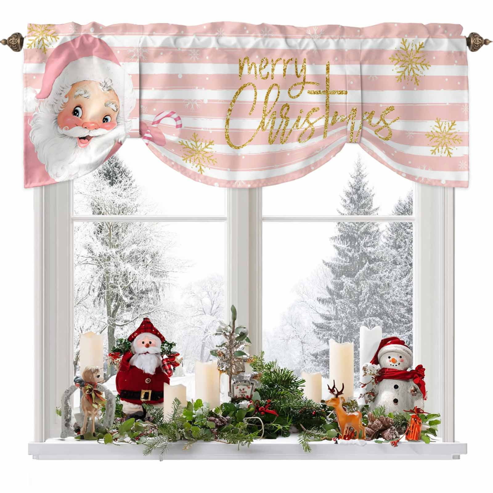 Merry Christmas Tie Up Valances Curtain, Pink Santa Claus Leaf Winter ...