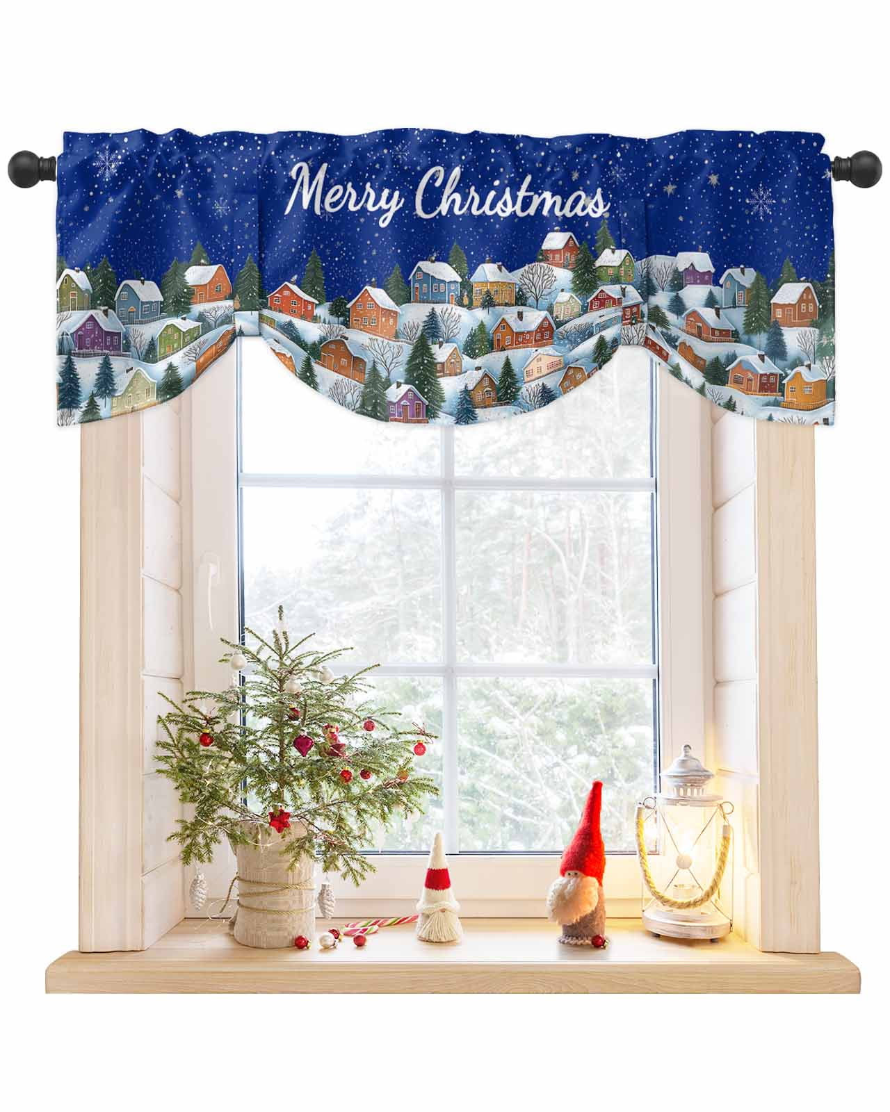 Merry Christmas Town Pine Tree Tie Up Valance Curtains, Winter ...