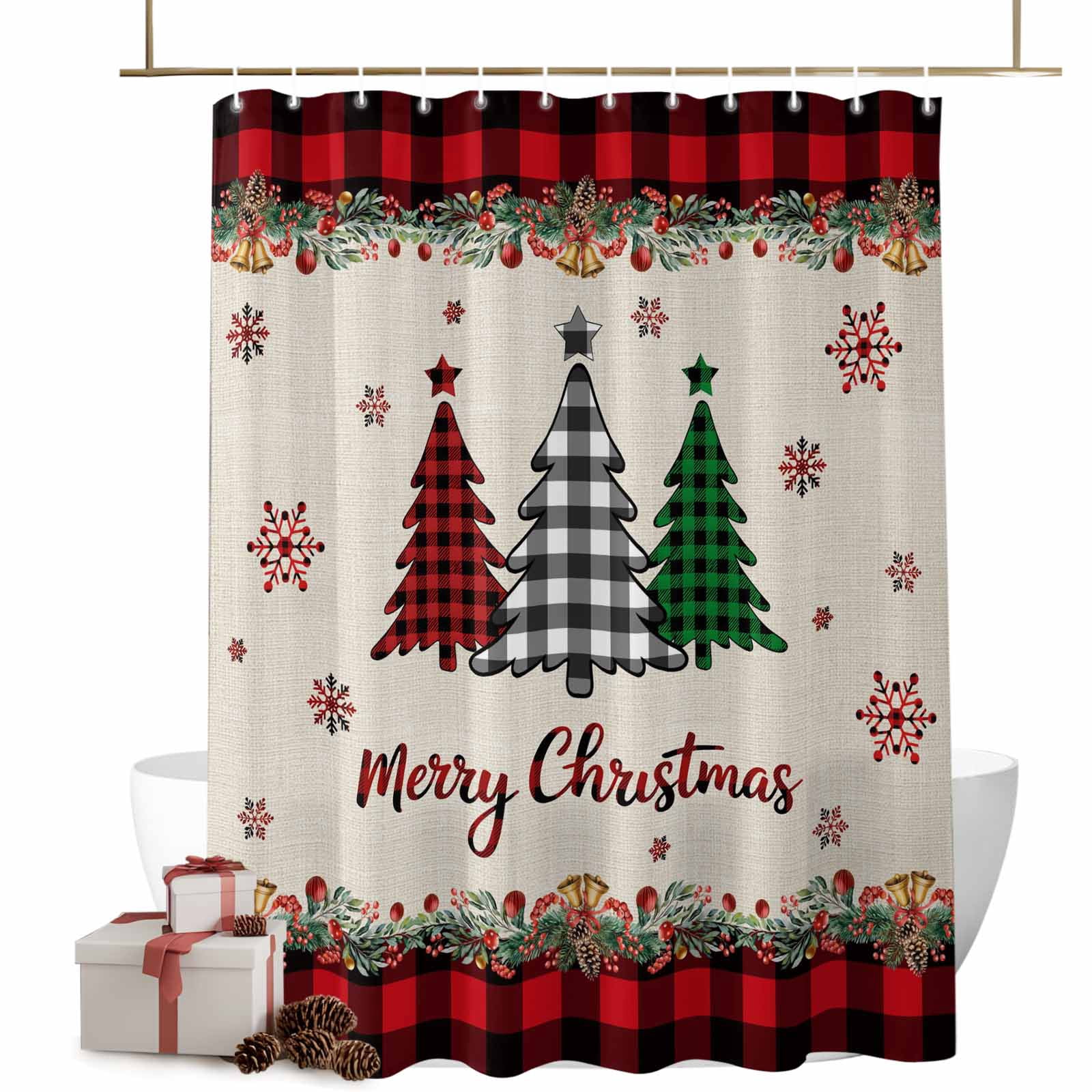 Merry Christmas Tree Bathroom Shower Curtain Red Black Plaid Snowflake ...