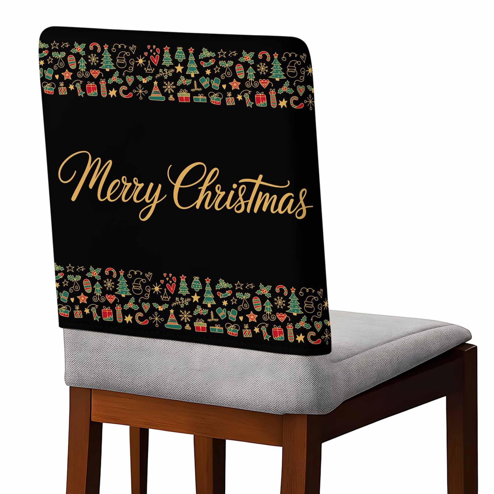Merry Christmas Tree Chair Covers Set of 4 Black Background Gift Star ...