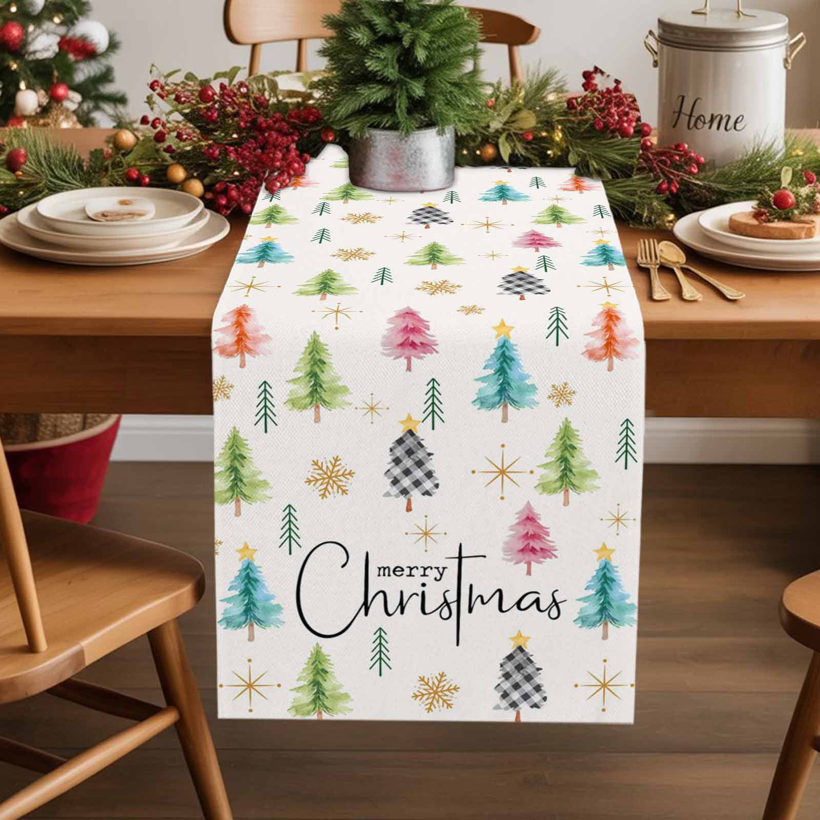 Merry Christmas Tree Colorful Table Runner 13x60in Non-Slip Cotton ...