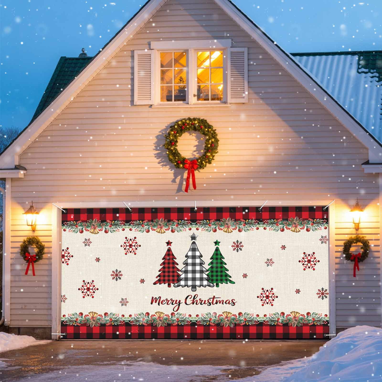 Merry Christmas Tree Garage Door Banner Covers, Red Black Plaid ...