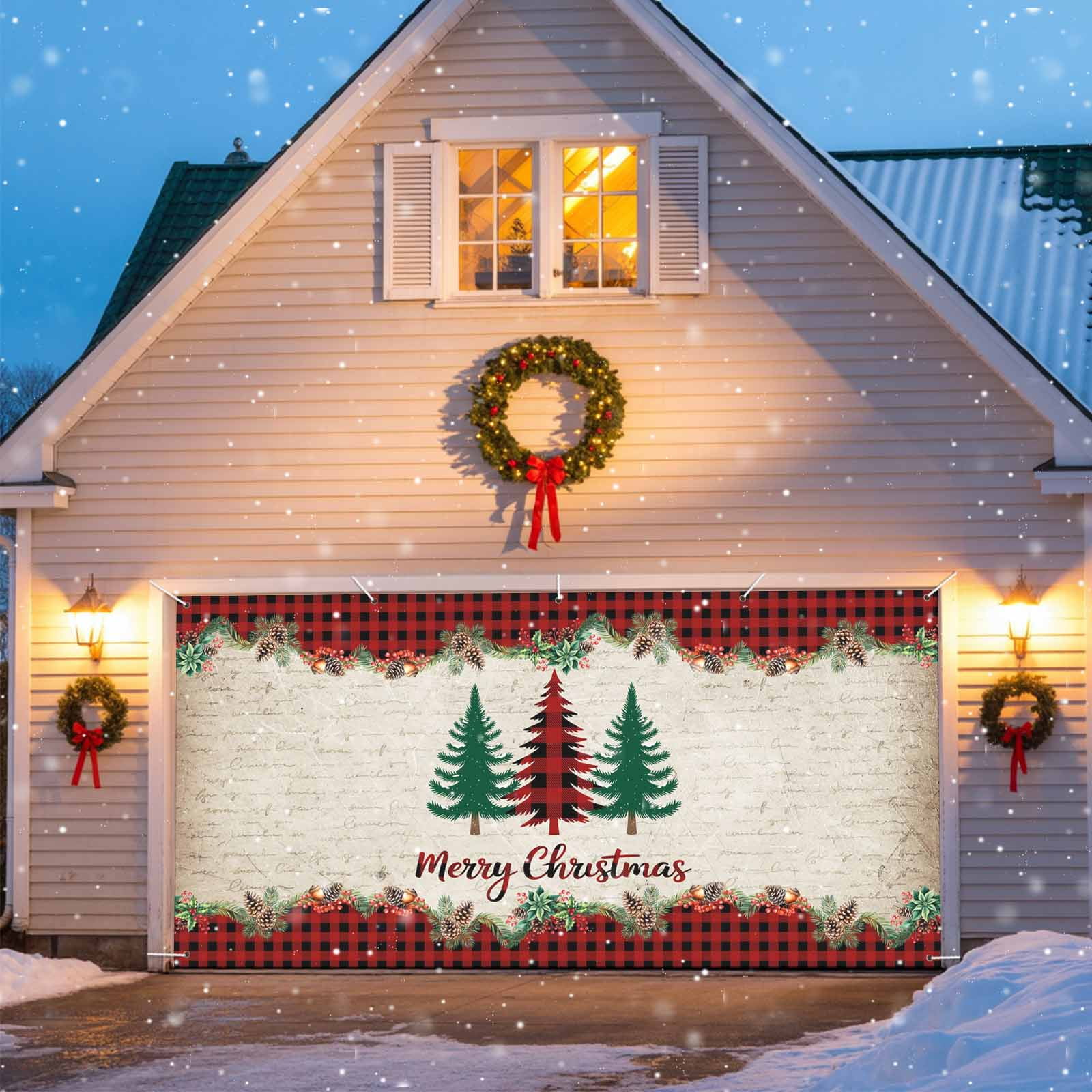 Merry Christmas Tree Garage Door Banner Covers, Red Plaid Xmas Garland ...