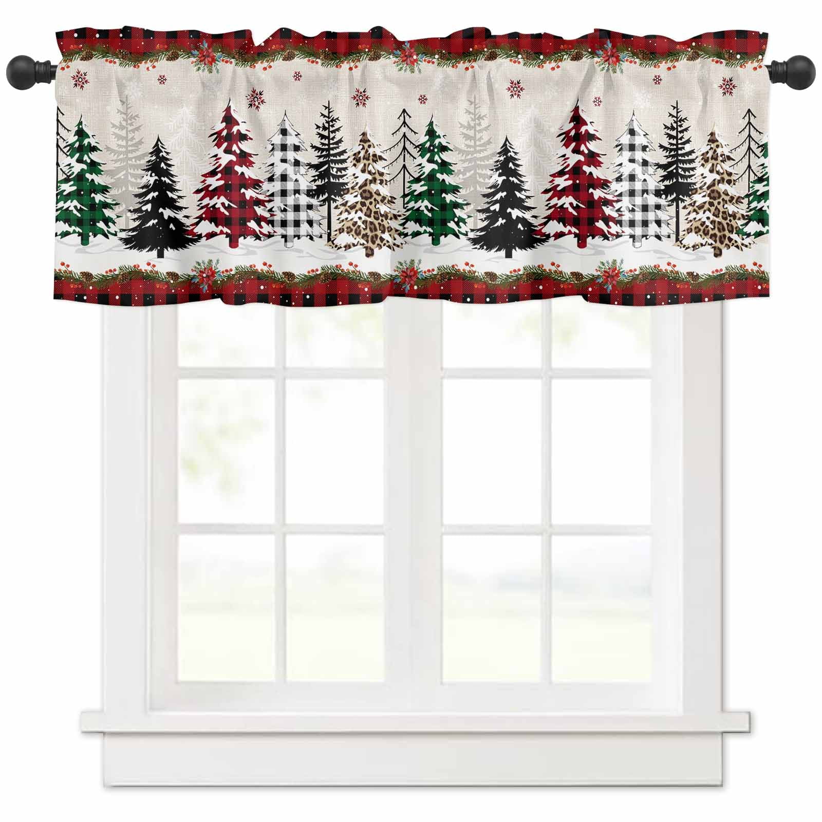 Merry Christmas Tree Red Plaid Leopard Window Valances for Kitchen,Rod ...