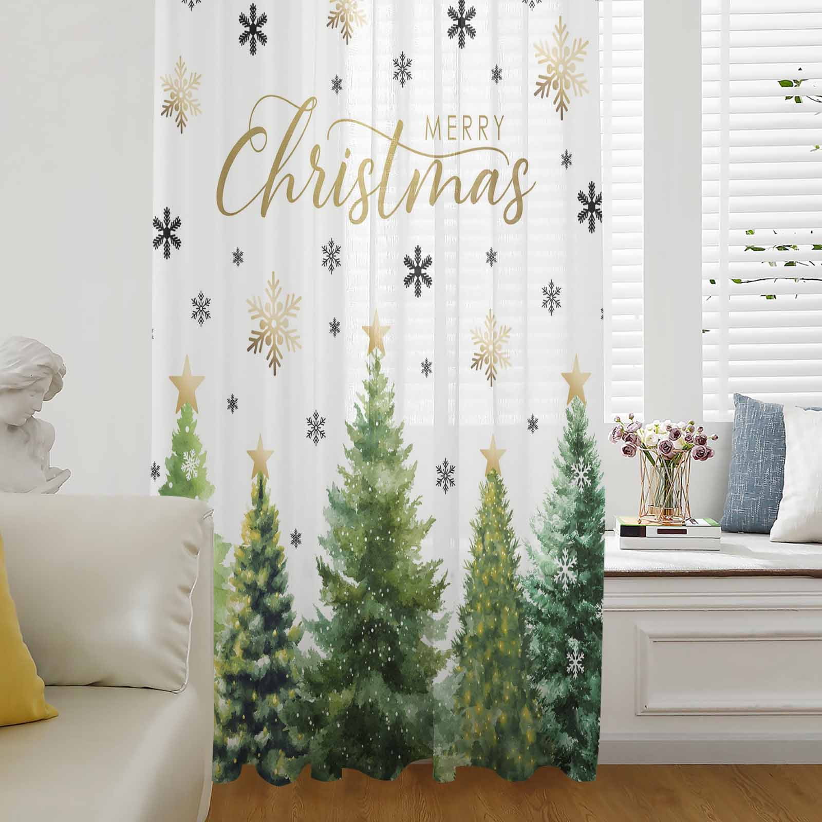 Merry Christmas Tree Semi Sheer Curtains Drapes for Living Room,Bedroom ...