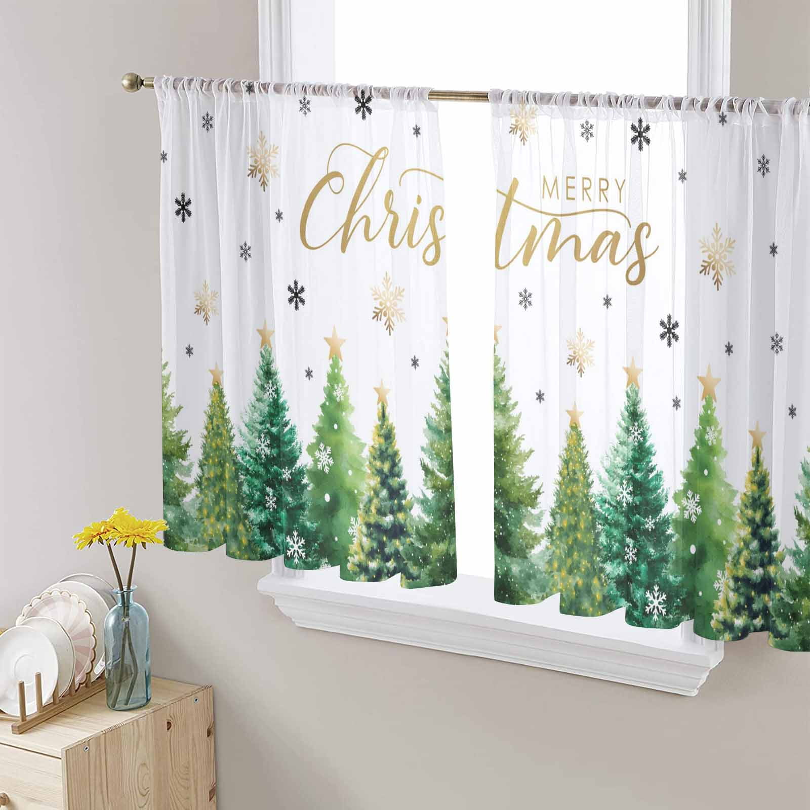 Merry Christmas Tree Sheer Curtains 54 Inches Long, Xmas Green Forest ...