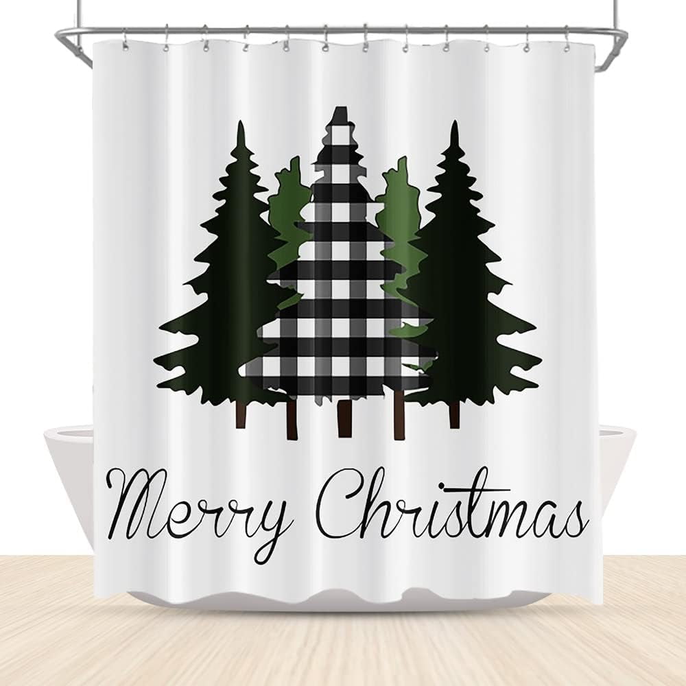 Merry Christmas Tree Shower Curtain Farmhouse Buffalo Plaid Green Xmas ...