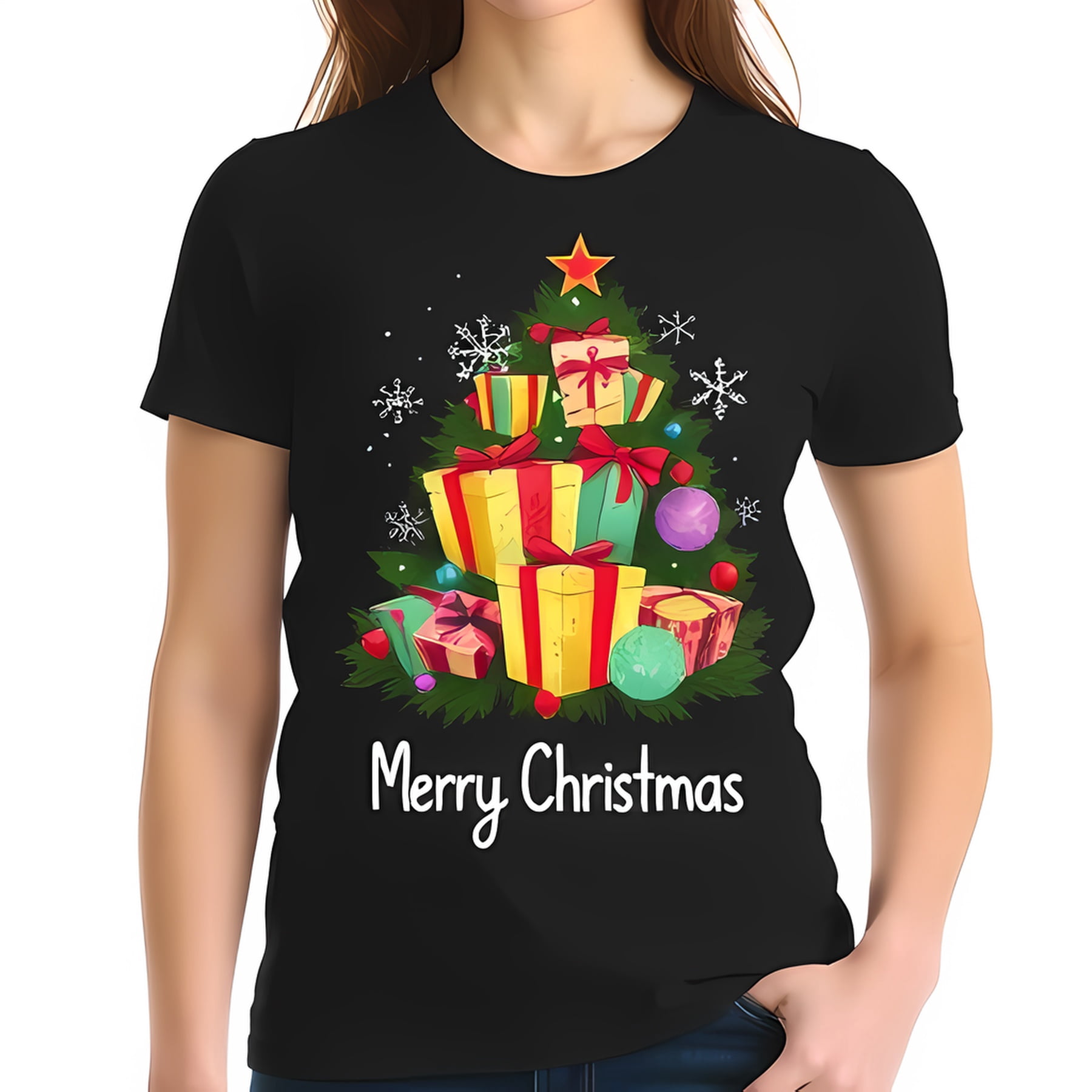 Merry Christmas Tree T-Shirt for Women - Colorful Presents & Snowflakes ...