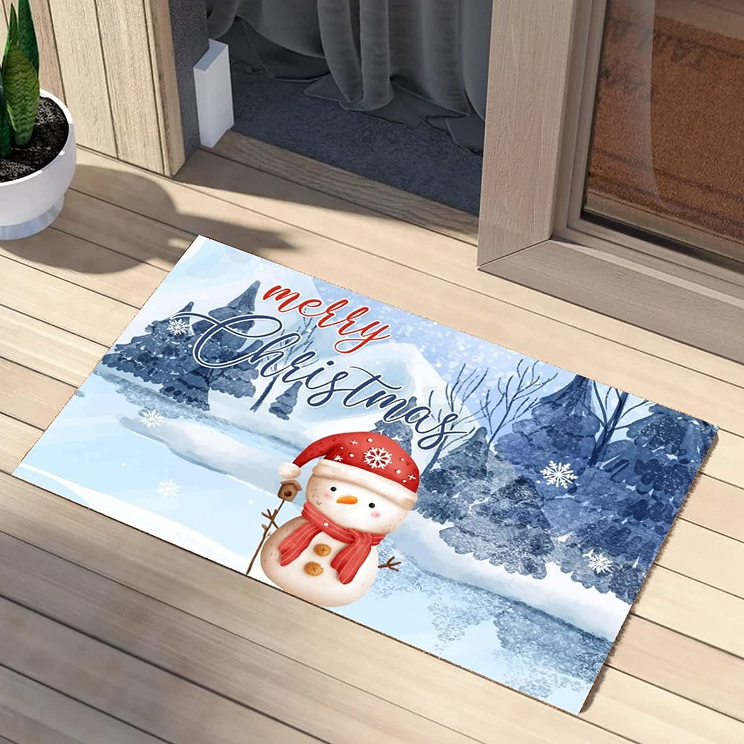Merry Christmas Trees Snowman Snowflakes Door Mat Coconut Coir Holiday ...