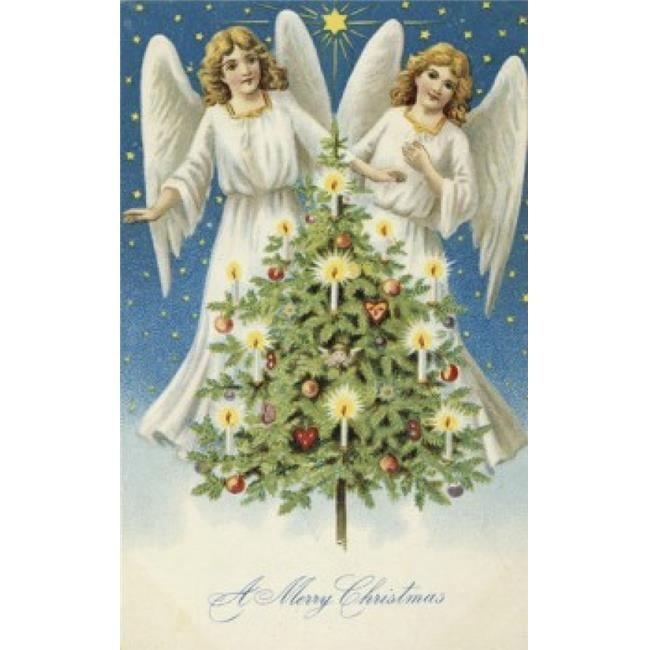 Merry Christmas-Two Angels with Christmas Tree Nostalgia Cards Poster ...