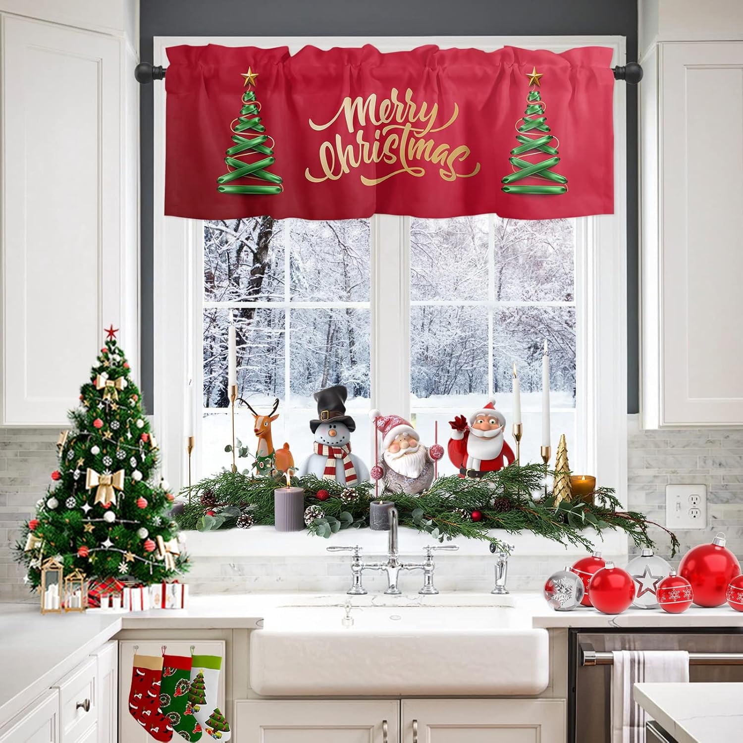 Merry Christmas Valance Kitchen Curtains for Windows, Christmas Tree ...