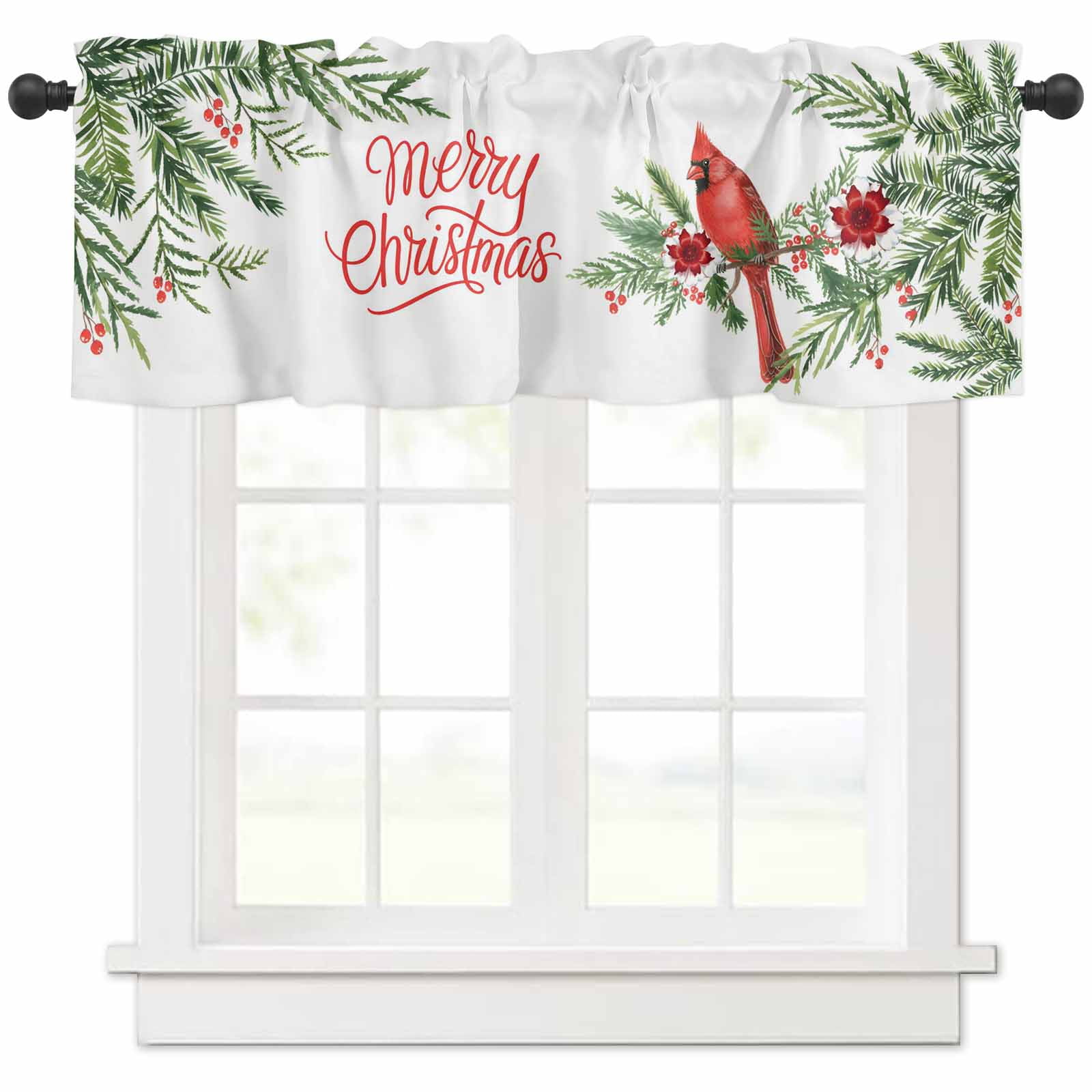Merry Christmas Valances for Windows, Green Pine Tree Cardinal Bird ...