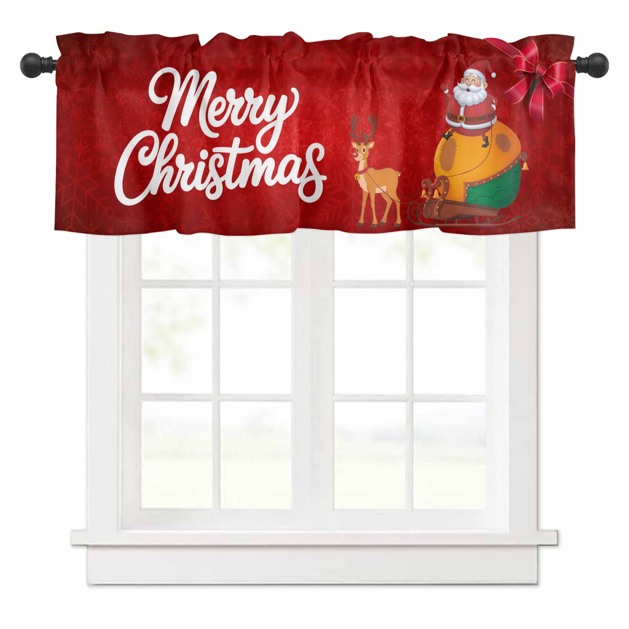 Merry Christmas Valances for Windows Red Santa Claus Reindeer Gift Car ...