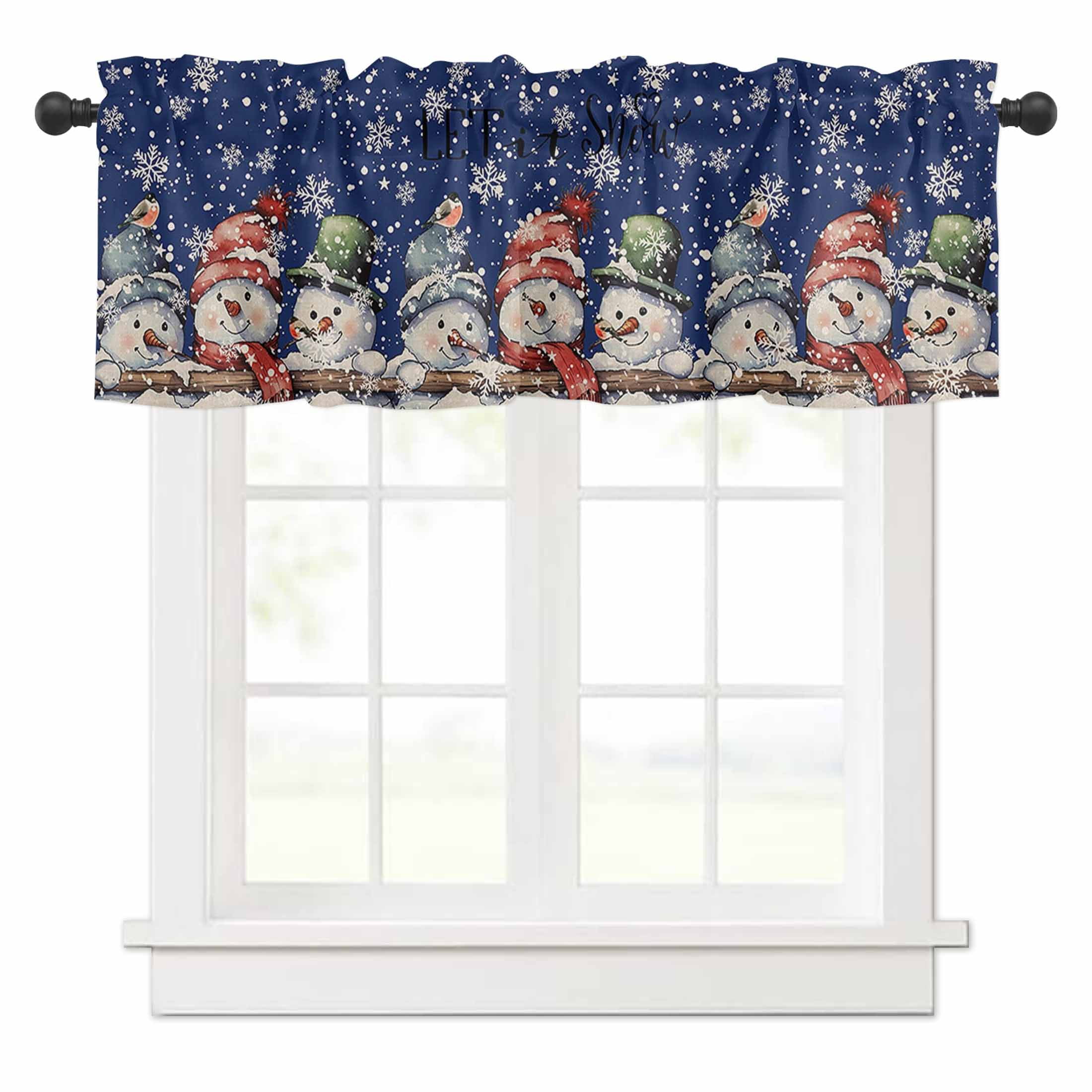 Merry Christmas Valances for Windows Snowman Winter Snowflake Blue Rod ...