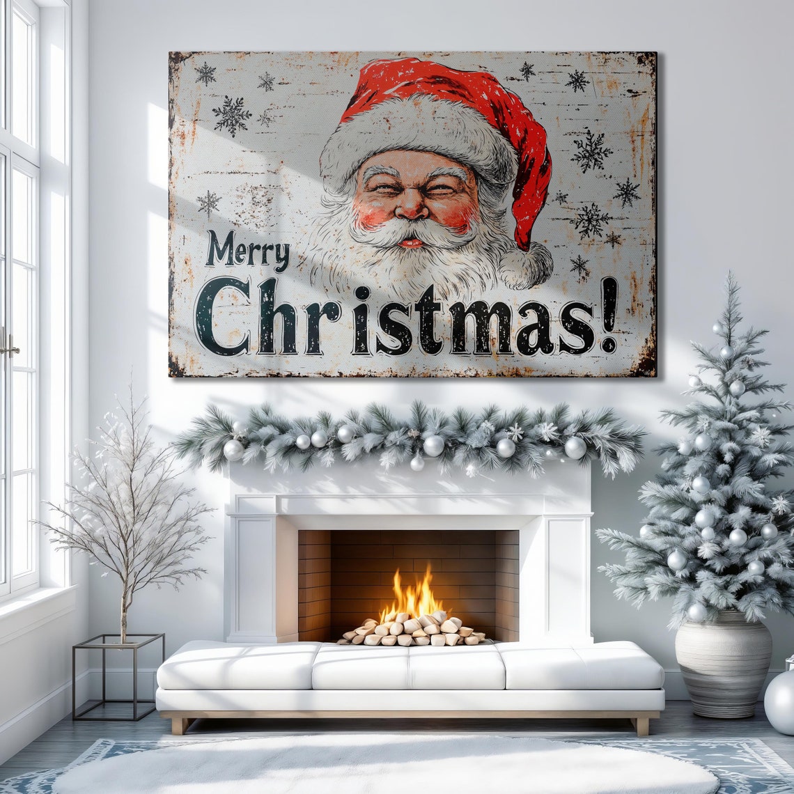 Merry Christmas Wall Art Festive Santa Claus Print Holiday Snowflakes ...
