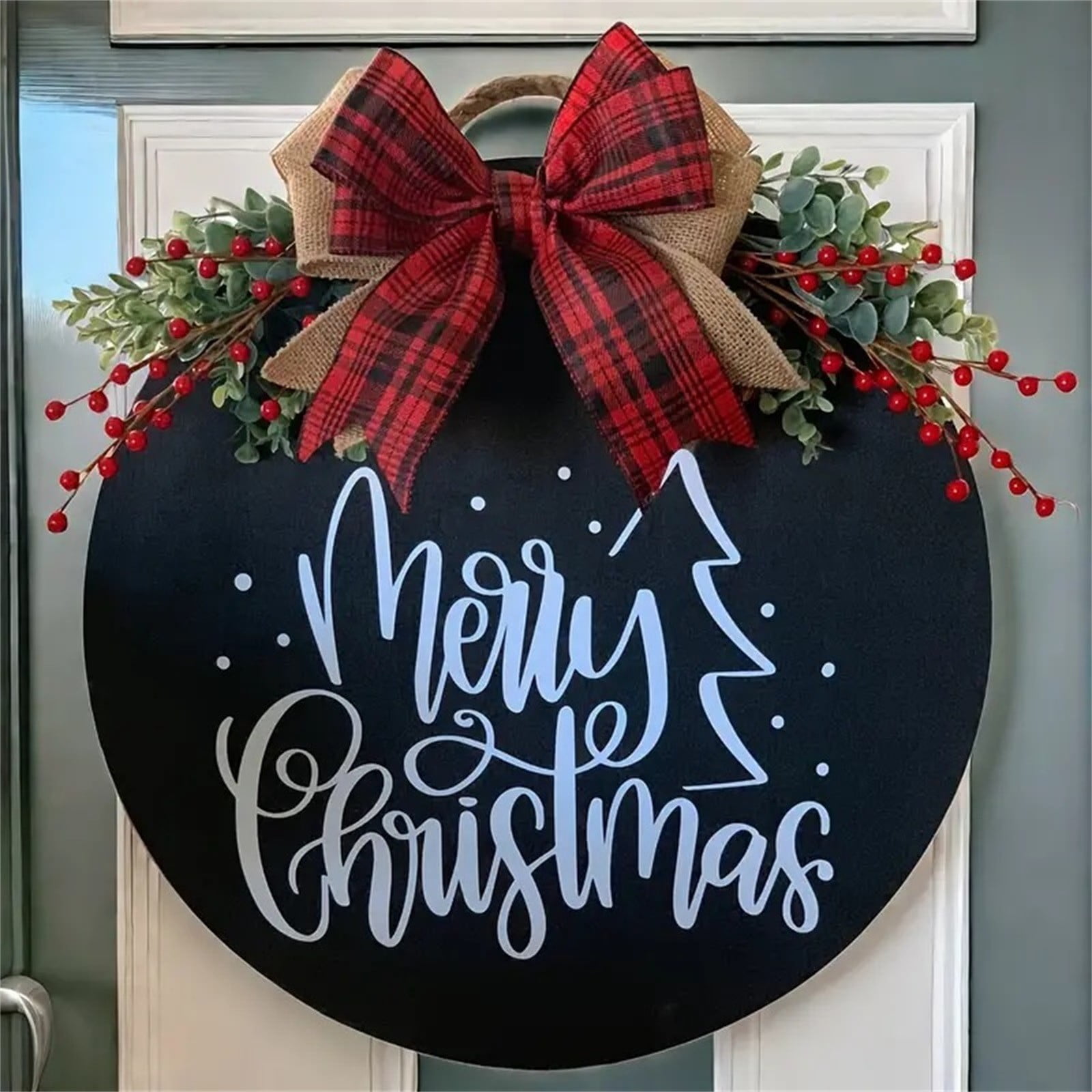 Merry Christmas Welcome Sign, Circular Black Wood Design with Bow ...