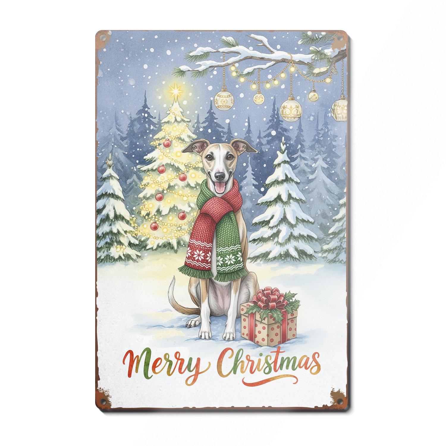 Merry Christmas Whippet Snowy Winter with Gifts Tree Decorations ...