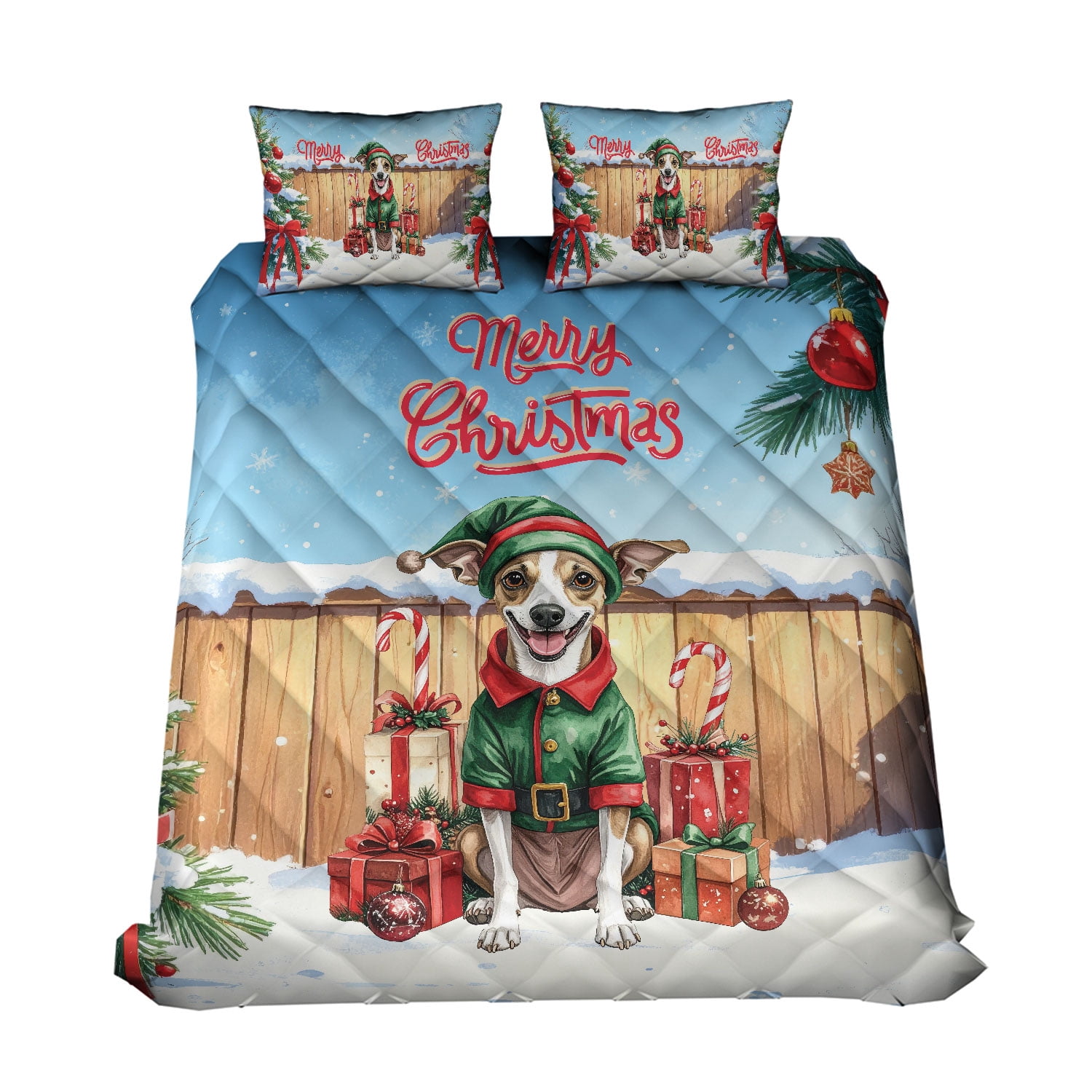 Merry Christmas Woofmas Xmas Noel Whippet Elf Candy Cane Snow Quilt ...