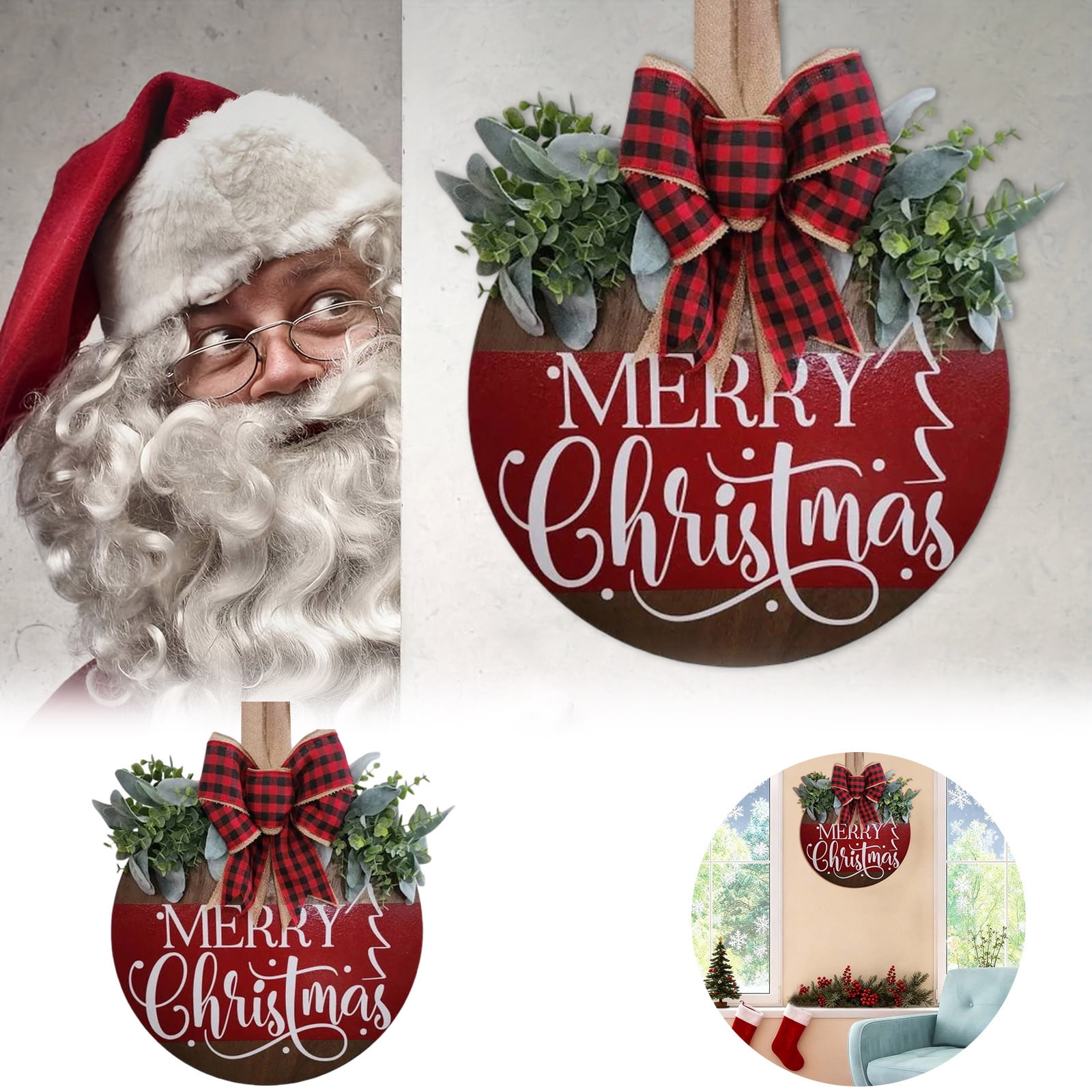 Merry Christmas Wreath Hanging Sign for Front Door, Wooden Welcome ...