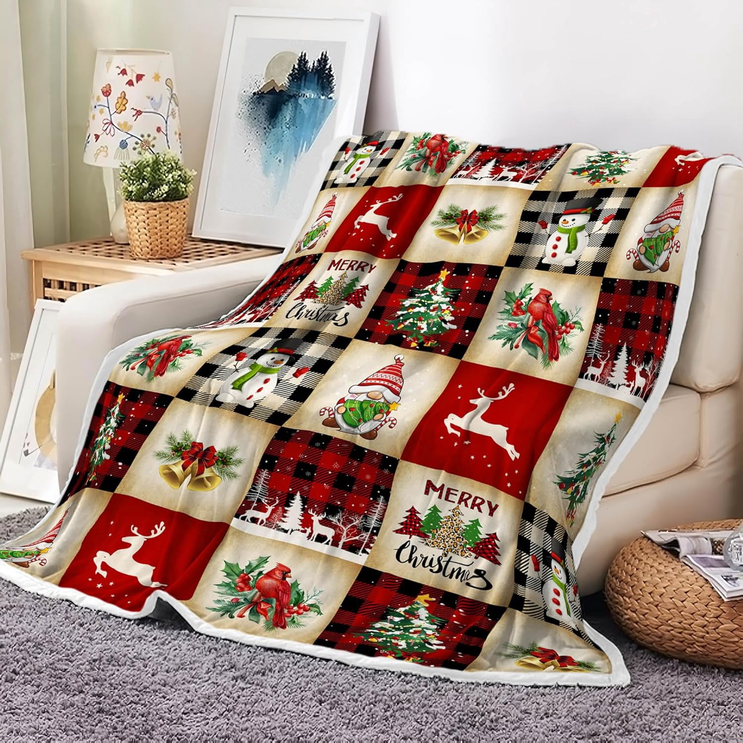 Merry Christmas Xmas Snowman Throw Blanket Red Plaid Snowflake Deer ...