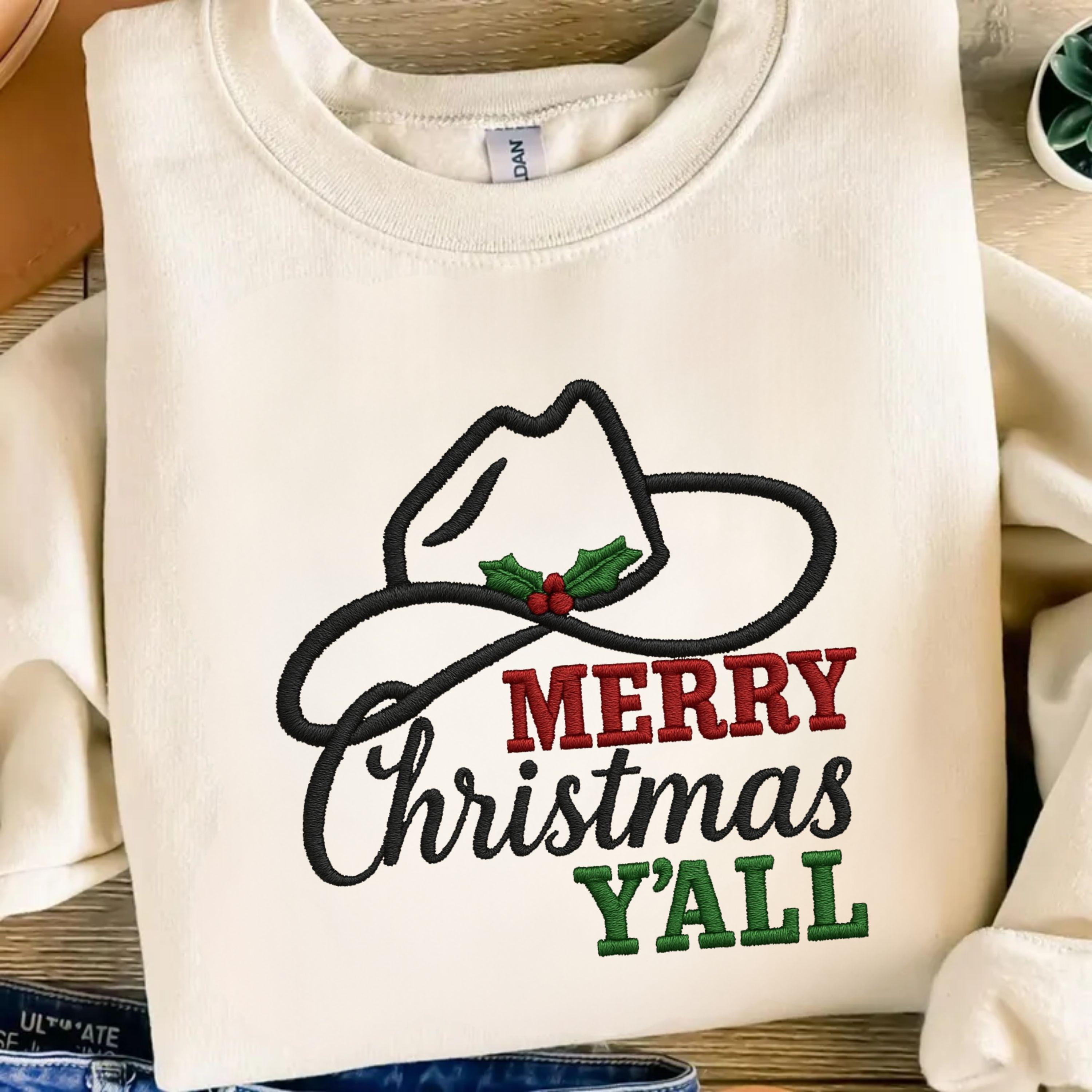 Merry Christmas Yall Cowboy Hat Embroidery File Western Holiday Machine ...