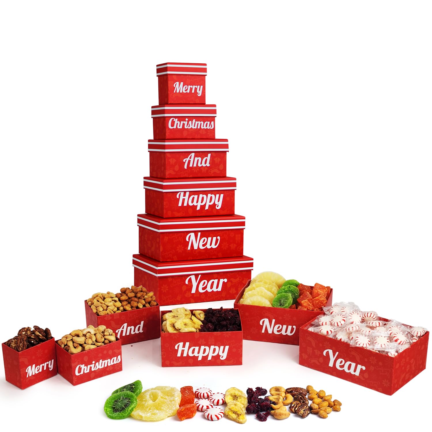 Merry Christmas and Happy DHF10 New Year 6 Tier Indulgence Gift Basket Tower with Dried Fruits ...