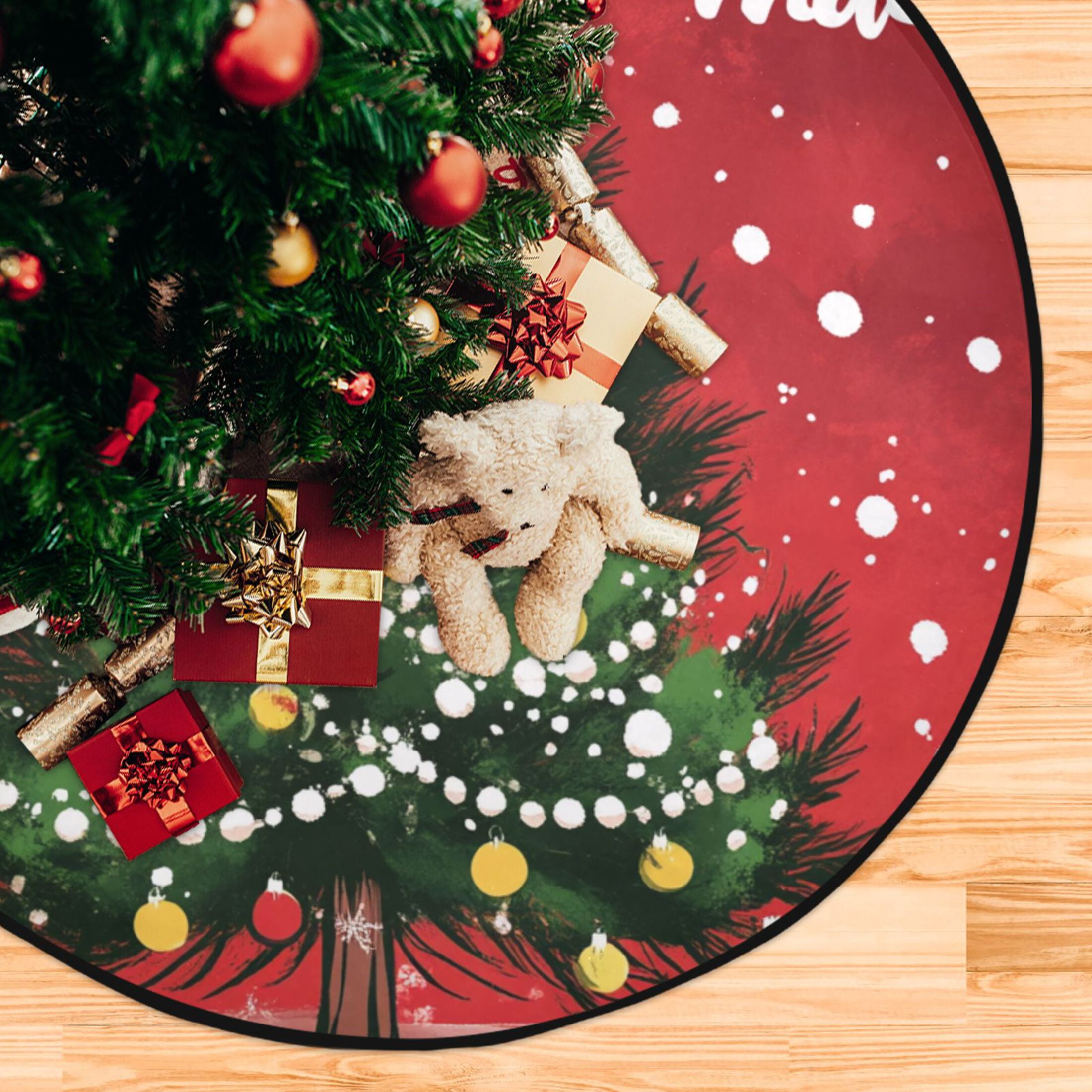 Merry Christmas in Red Christmas Tree Stand Mat Waterproof Floor ...