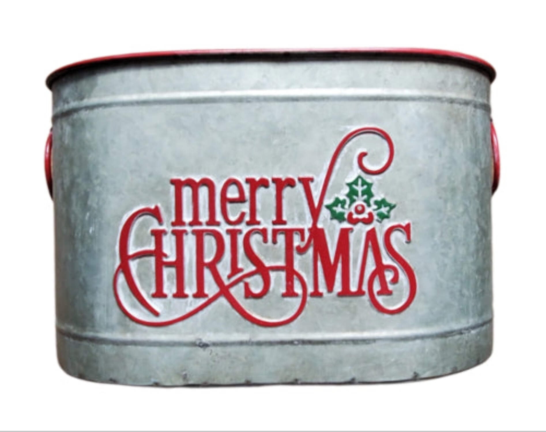 Merry Christmas metal bucket floral container red and green letters ...