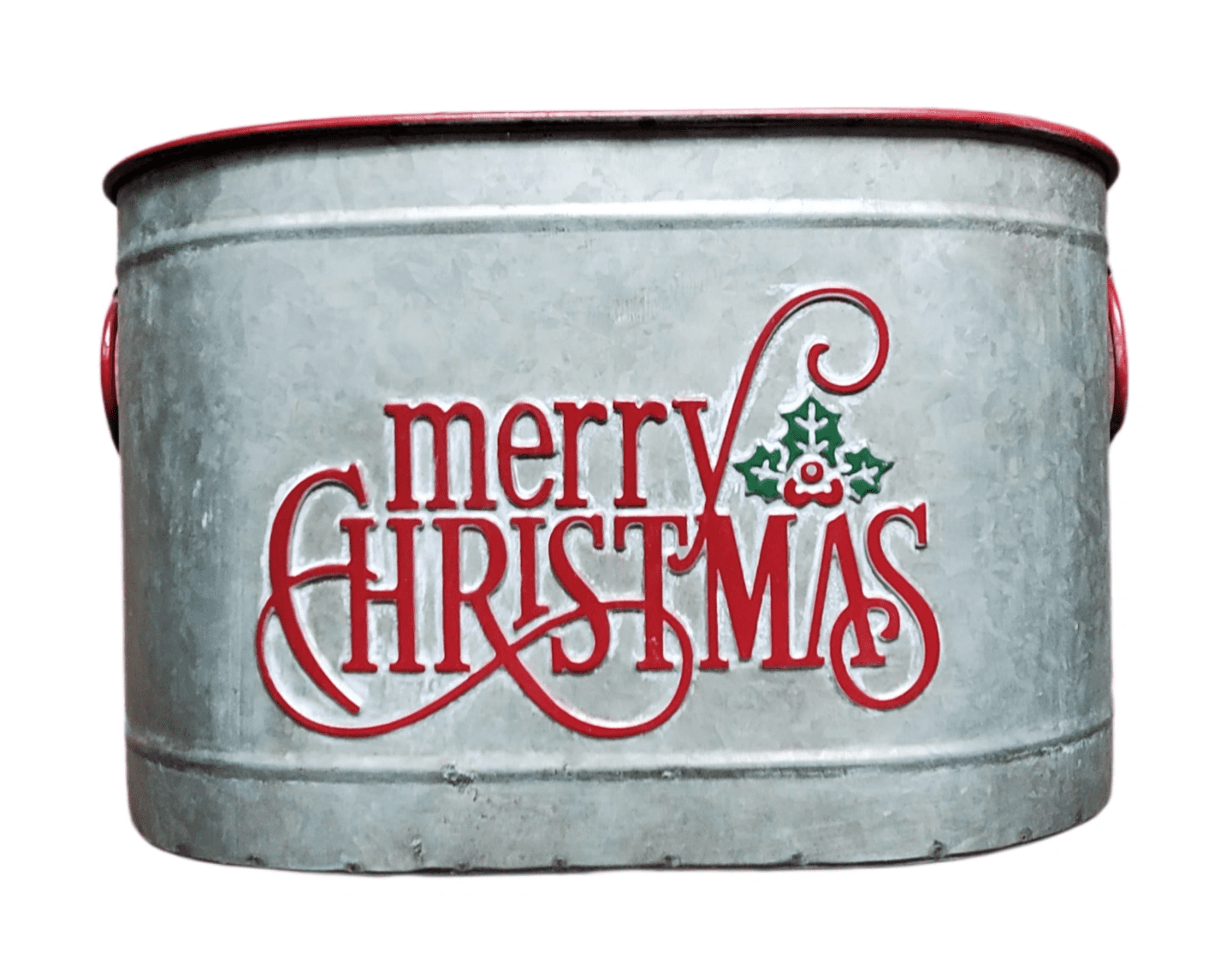 Merry Christmas metal bucket floral container red and green letters ...