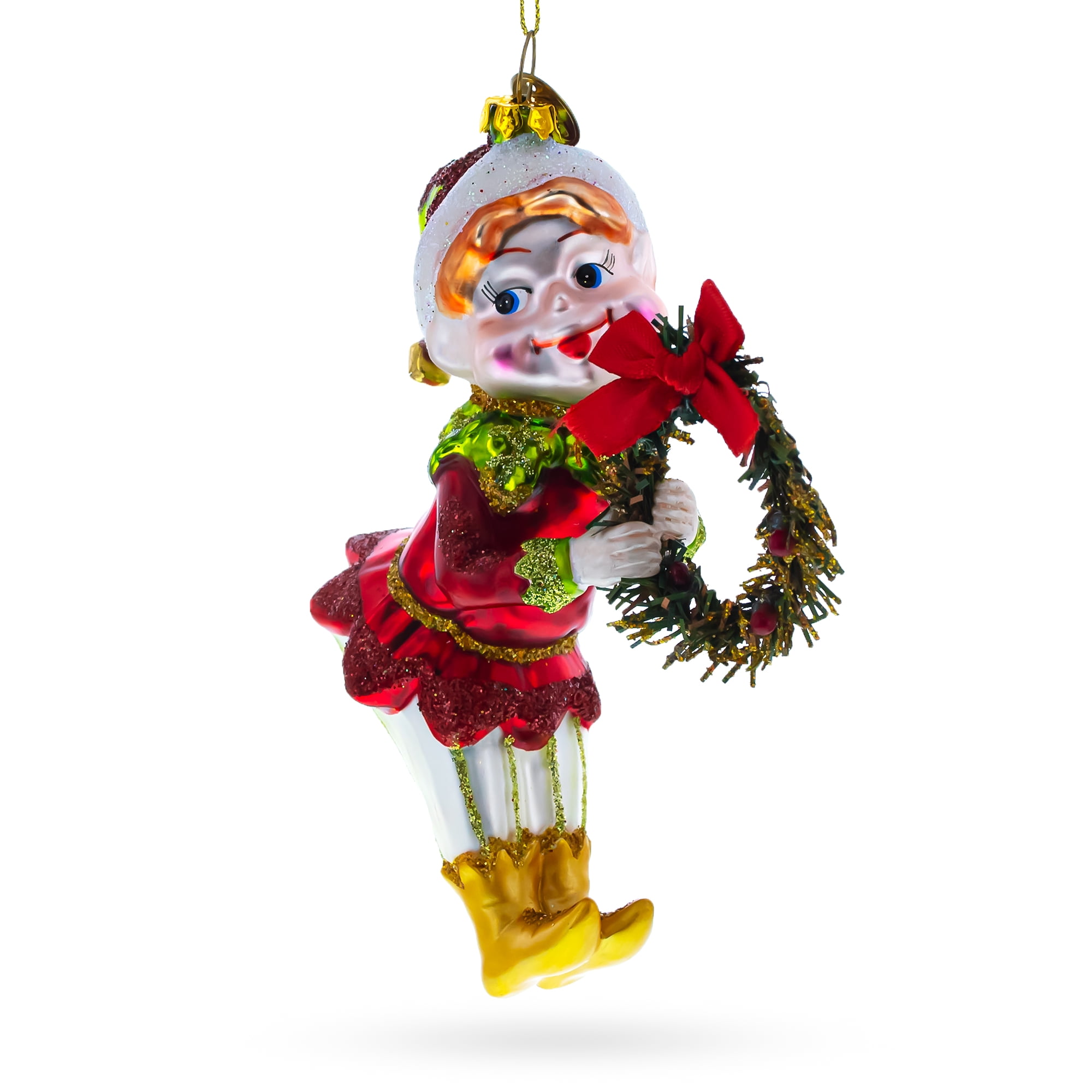 Merry Elf with Wreath Blown Glass Christmas Ornament - Walmart.com